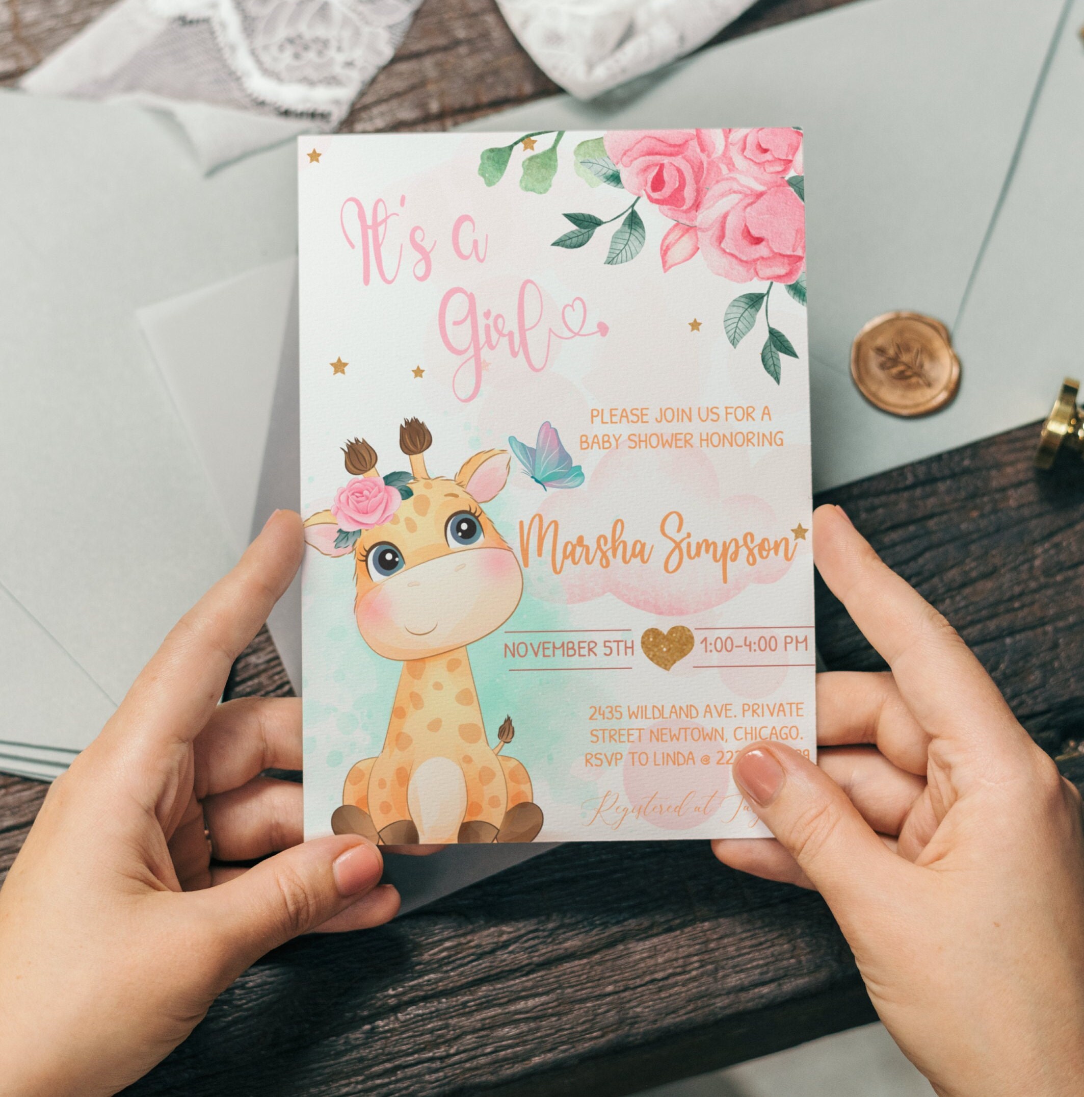 Giraffe Baby Shower Invitation Baby Giraffe Invite Girl Baby Shower Invitation Template Editable ...