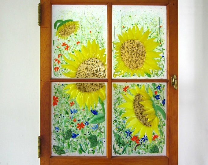 Sunflower Garden Fused Glass Window, Hand Made and One of a Kind. Made ...