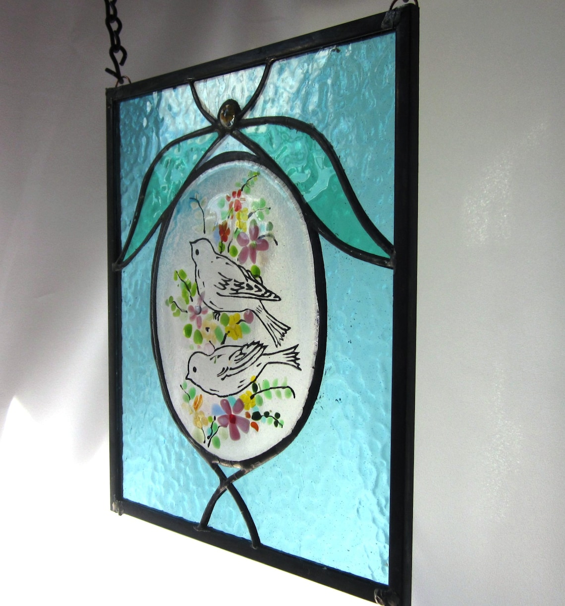 Small Stained Glass Window With Fused Glass Center Panel of Birds on a ...