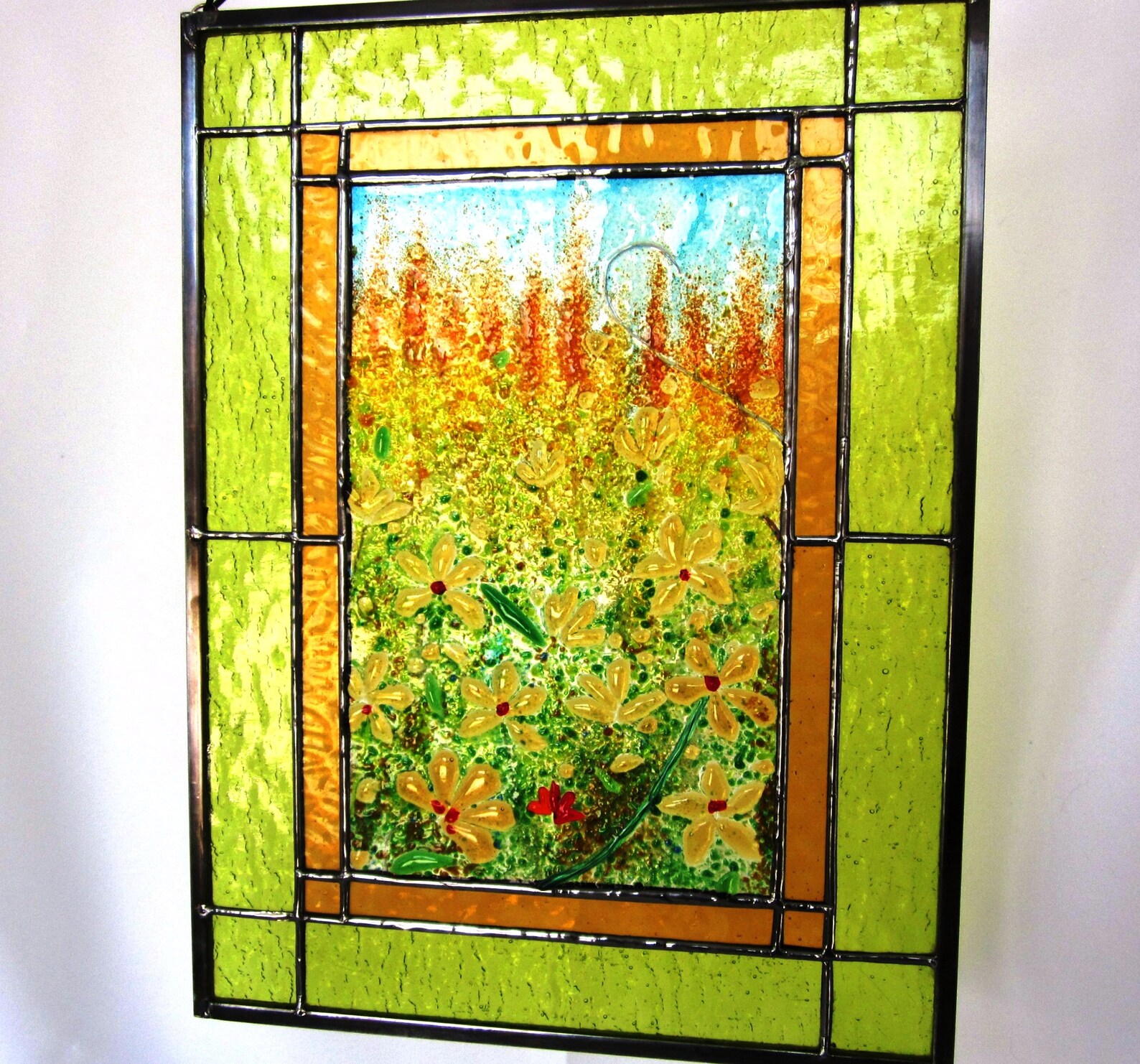 Art Glass Window of an Autumn Flower Garden, One of a Kind Hand Made ...