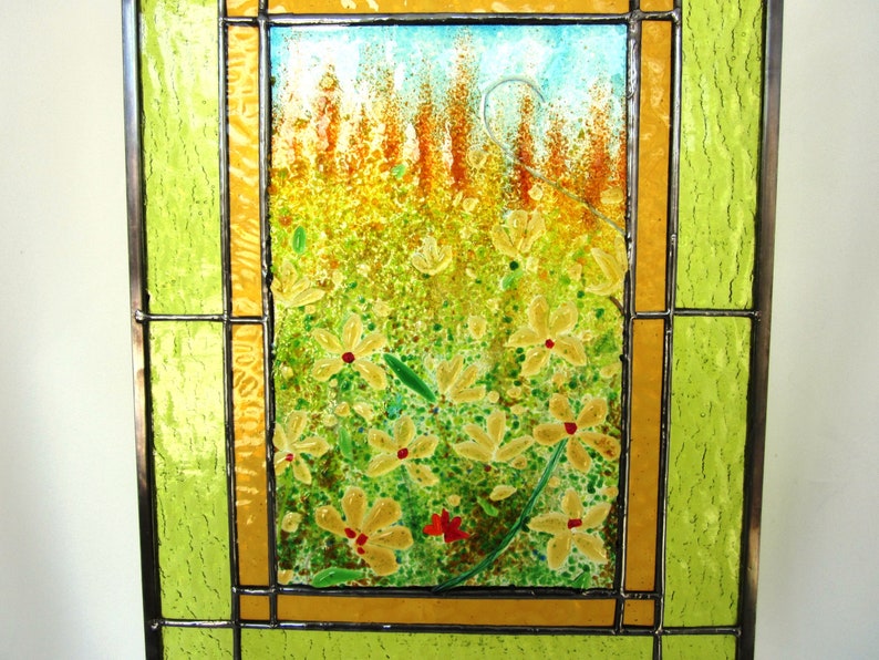 Art Glass Window of an Autumn Flower Garden, One of a Kind Hand Made ...