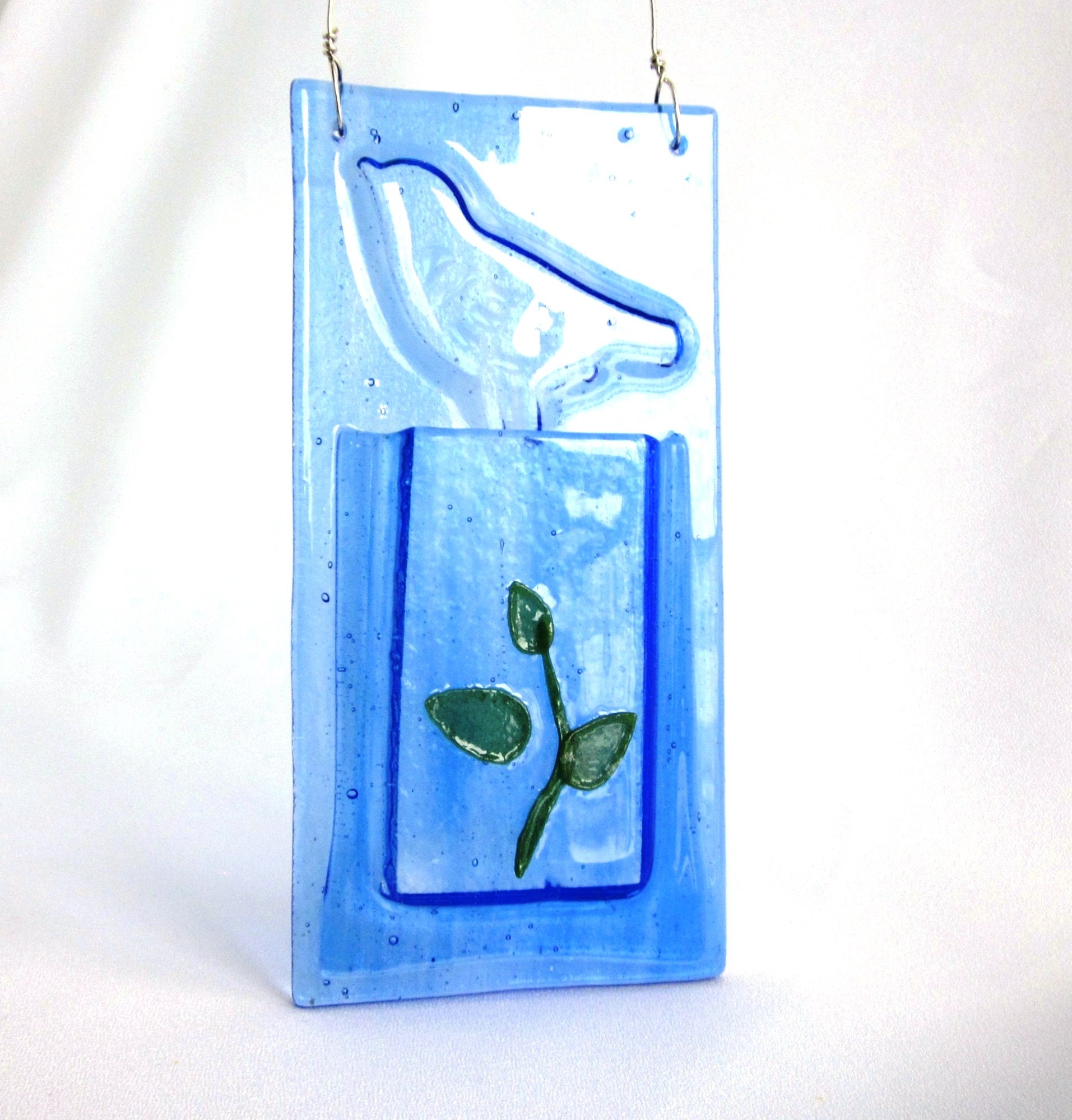 Fused glass vase with wire hanger blue glass bas-relief bird | Etsy