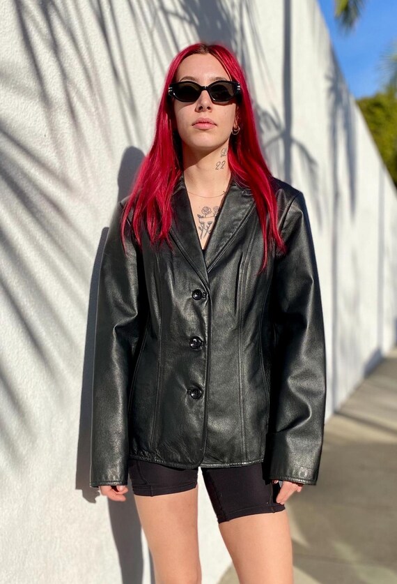 Vintage Leather Jacket, 90s Minimalist Leather Coat, … - Gem