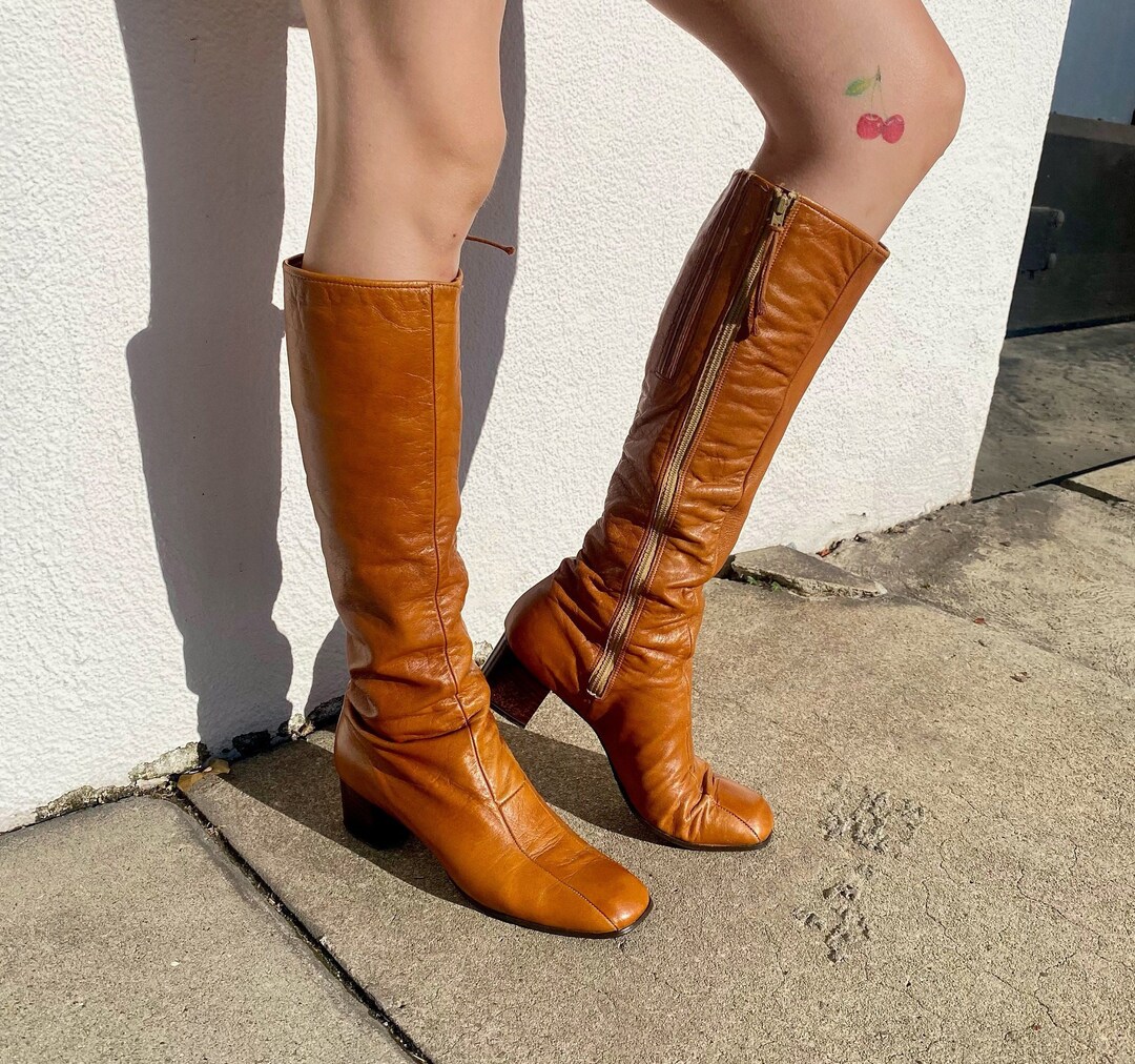 Vintage 60s/70s SELBY Knee High Leather Boots, Square Toe High Heel ...