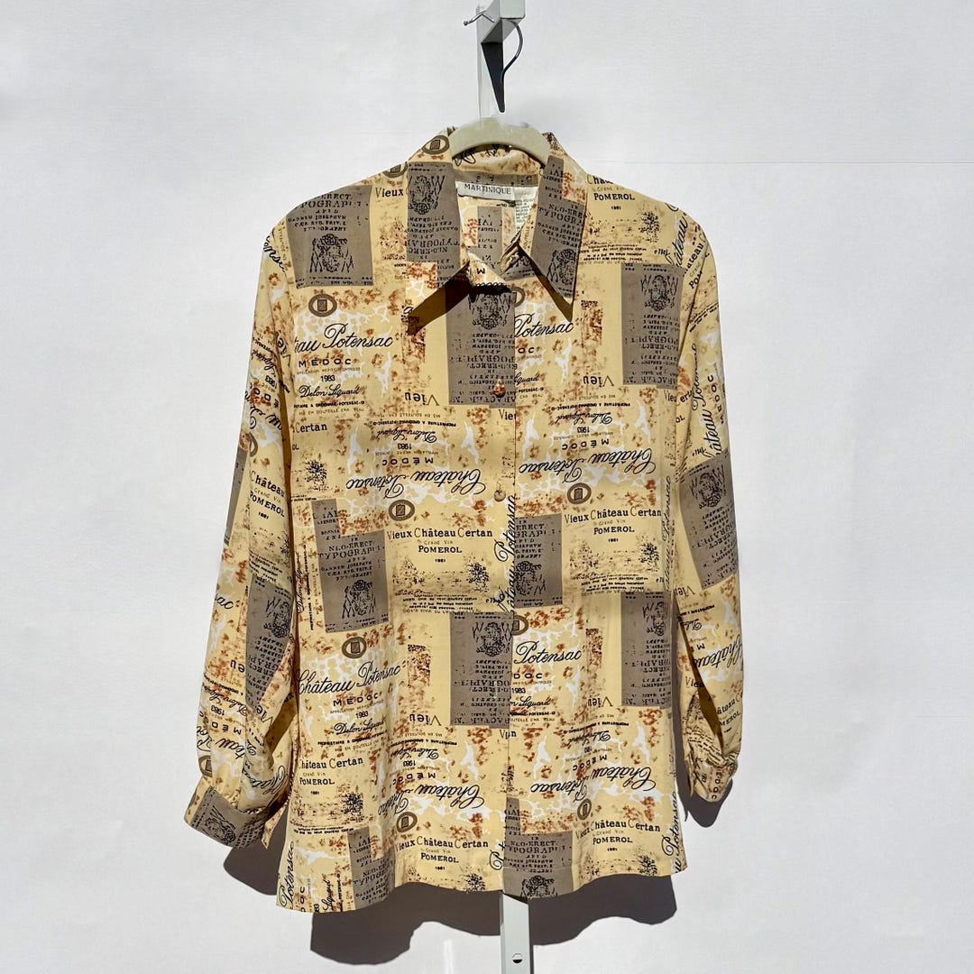 Vintage 90s Printed Button up Blouse, French Style Printed Retro Long ...