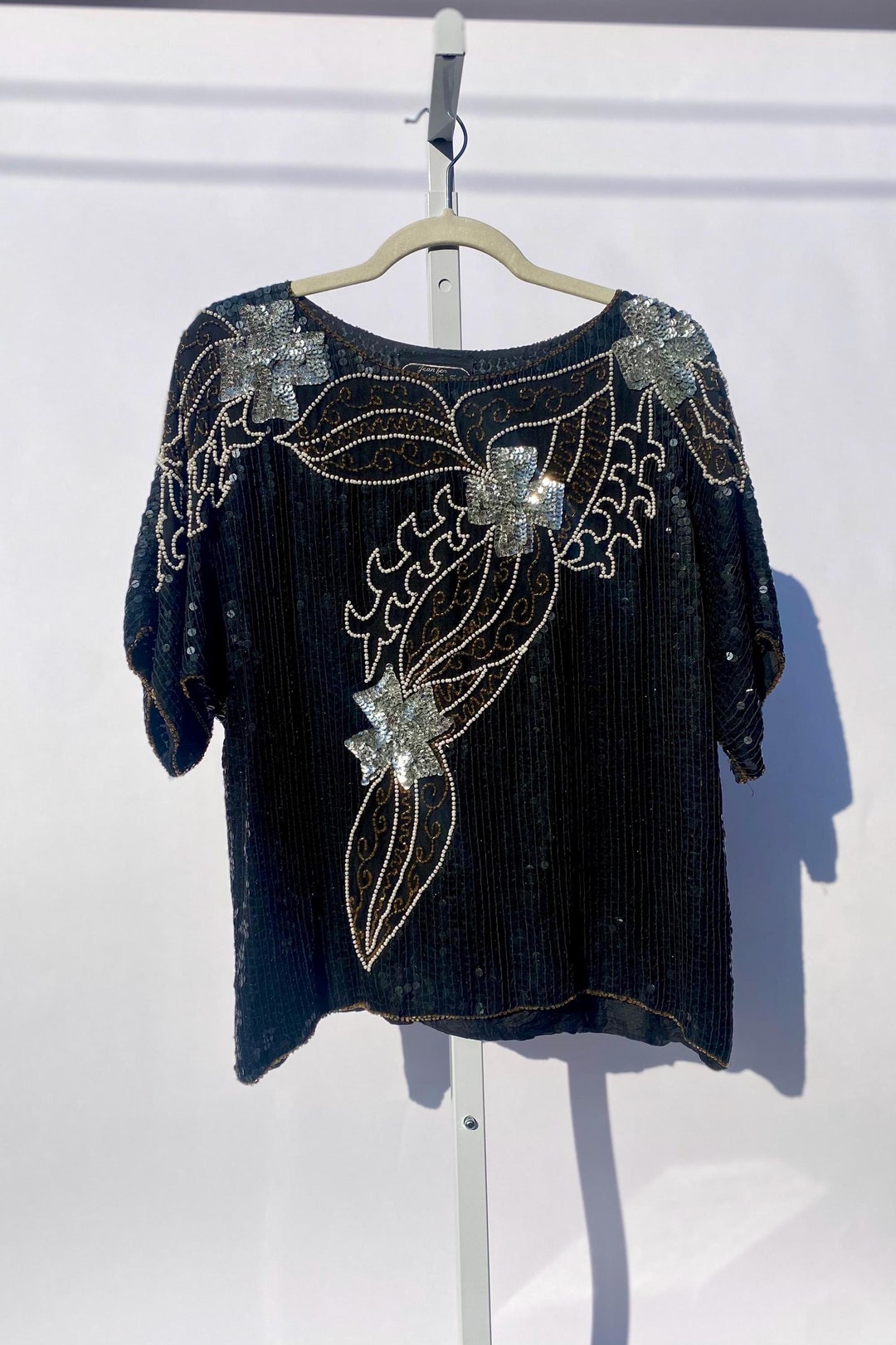 Vintage 80's Art Deco Black & Silver Sequin Top With Beading, 100% Silk ...