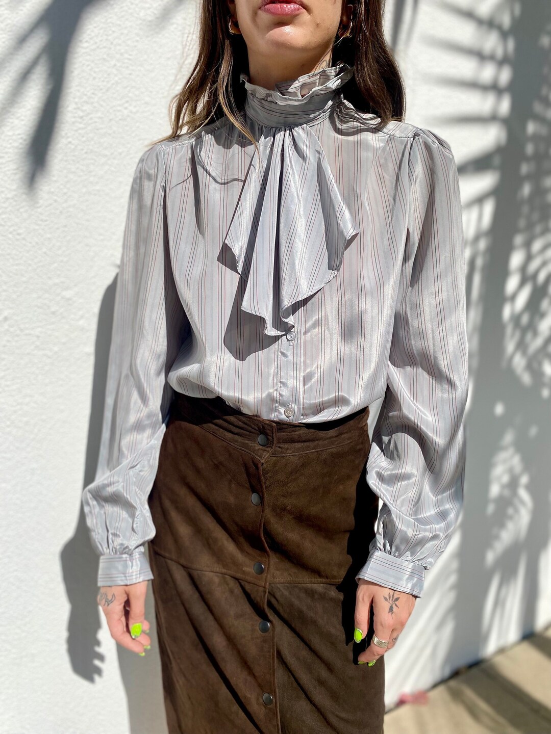 Vintage 70s Blouse With Ruffle Collar, Retro Long Sleeve Button up ...