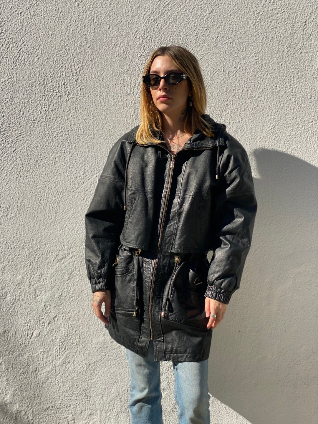 Vintage 90s Hooded Black Leather Parka, 1990s Oversized Leather Trench ...