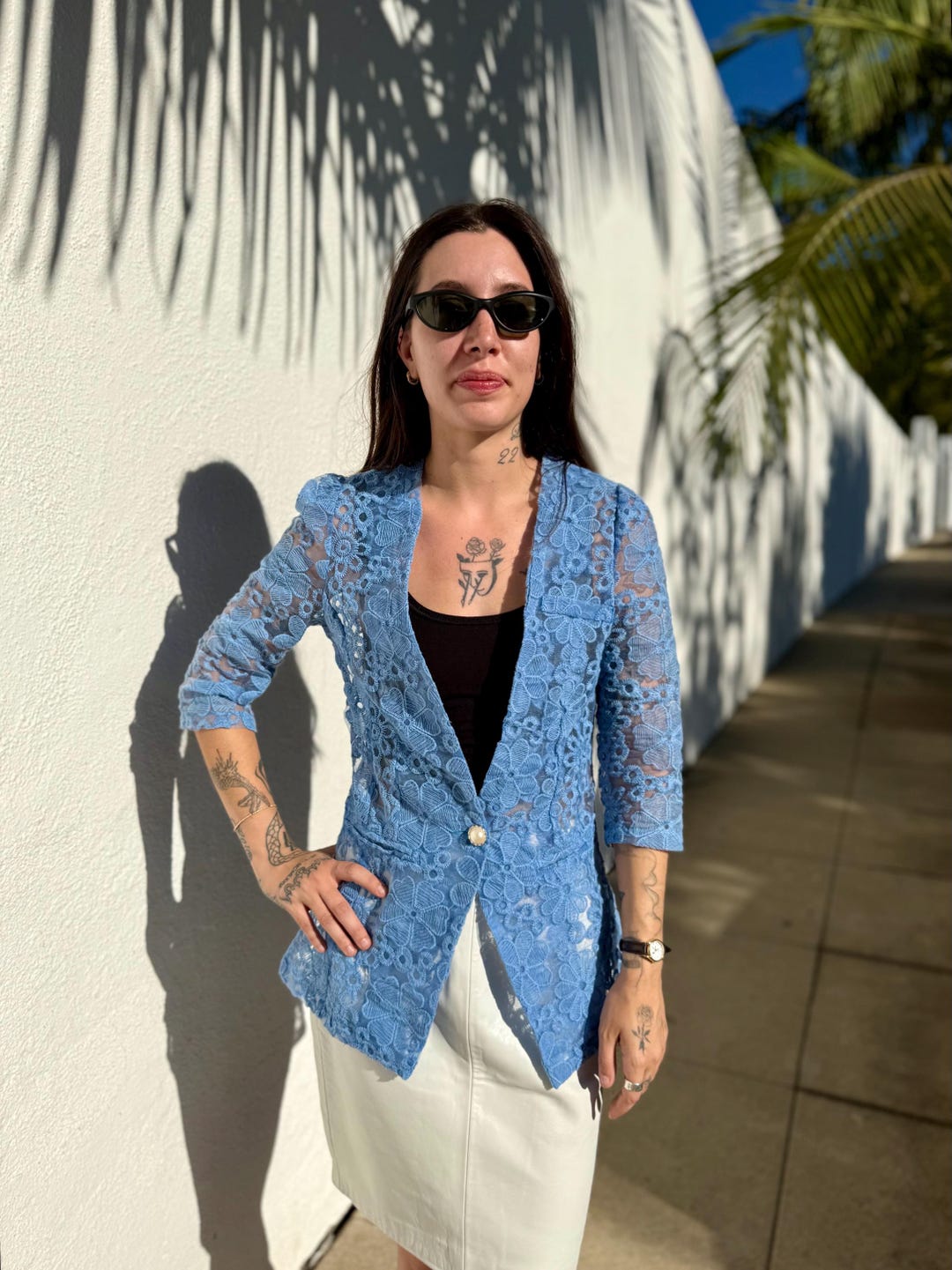 Vintage Blue Sheer Lace Blazer | Floral Embroidered Fitted Jacket | See ...