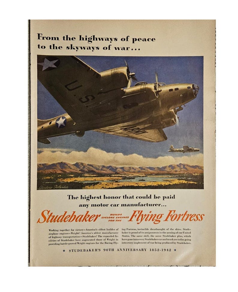 WWII Studebaker Flying Fortress War Effort Vintage Print Ad 1940s Retro ...