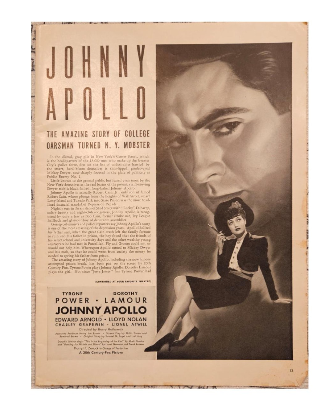 Tyrone Power and Dorothy Lamour Vintage "johnny Apollo" Film Print Ad ...