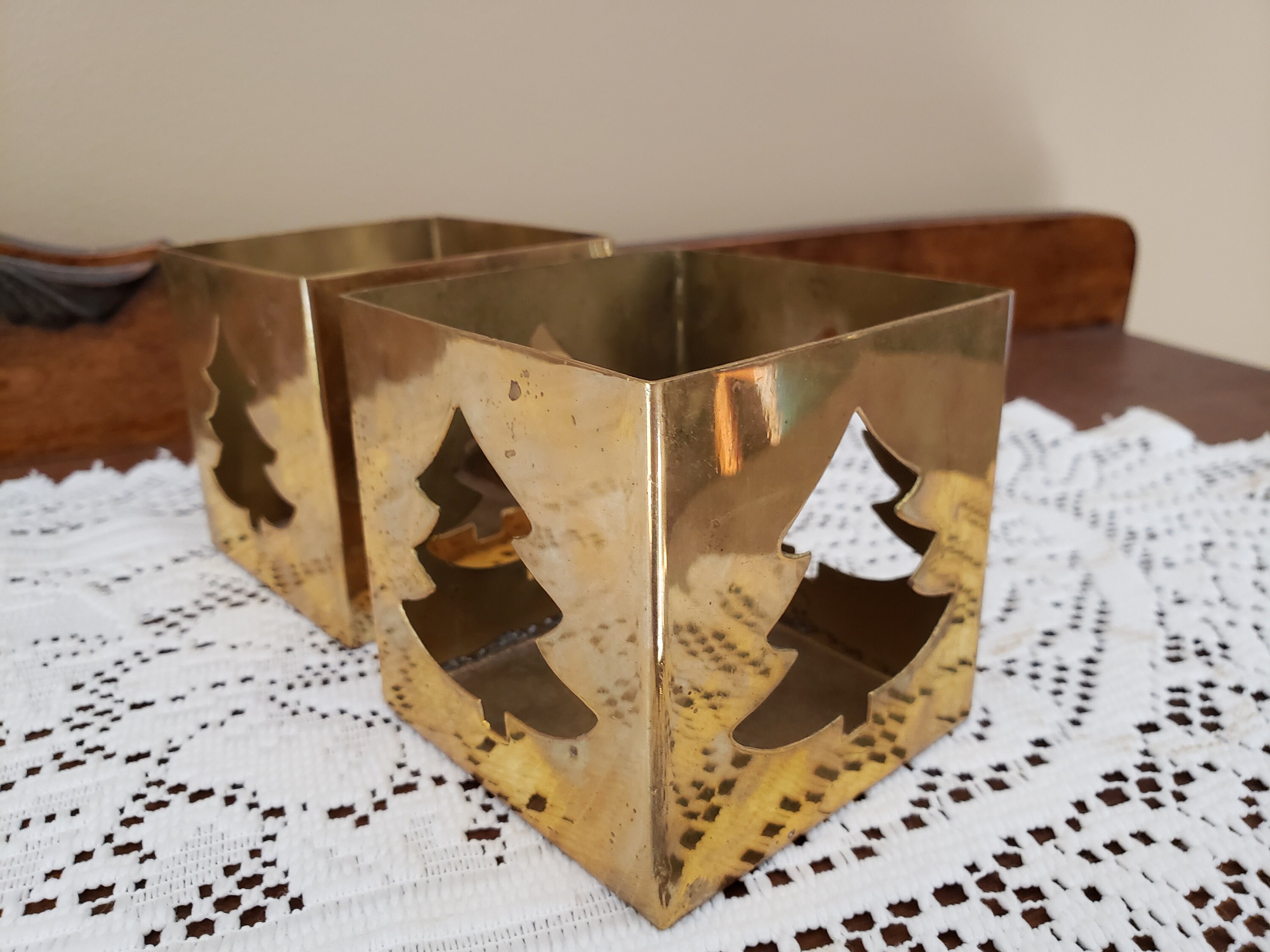 Vintage Brass Christmas Tree Cutout Candle Holders Boxes - Etsy
