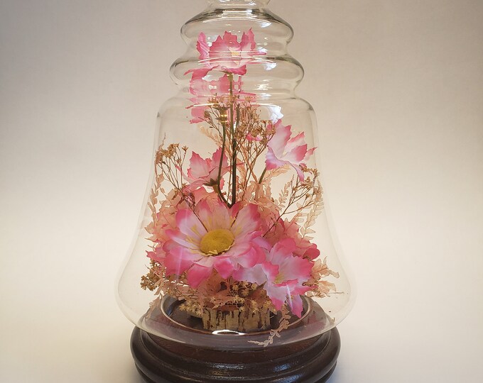 Vintage Silk Flowers Under Glass Terrarium Wooden Base - Etsy