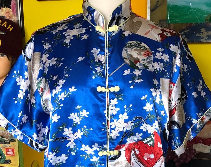 Japanese Geisha Blue Silk Shirt Cherry Blossom Design Asian Frog ...