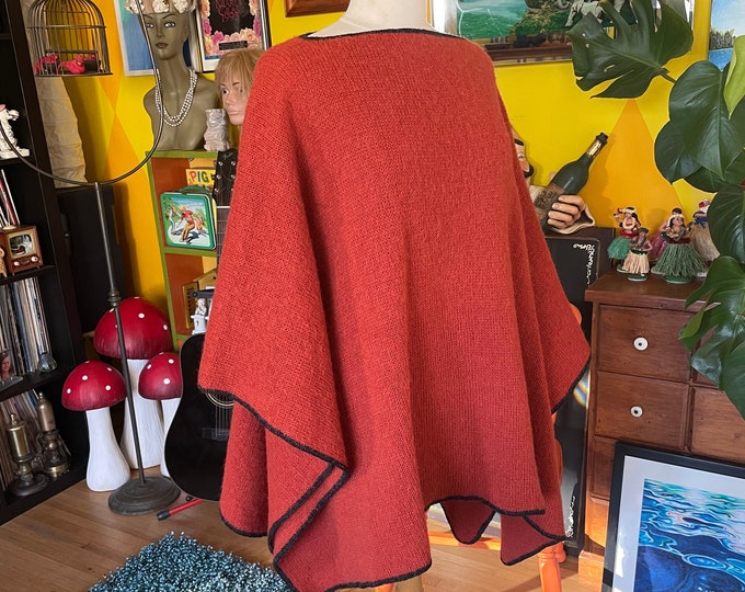 Large 100% Iceland Pure Wool Poncho Cape Vintage Rust Red Orange Wollie ...