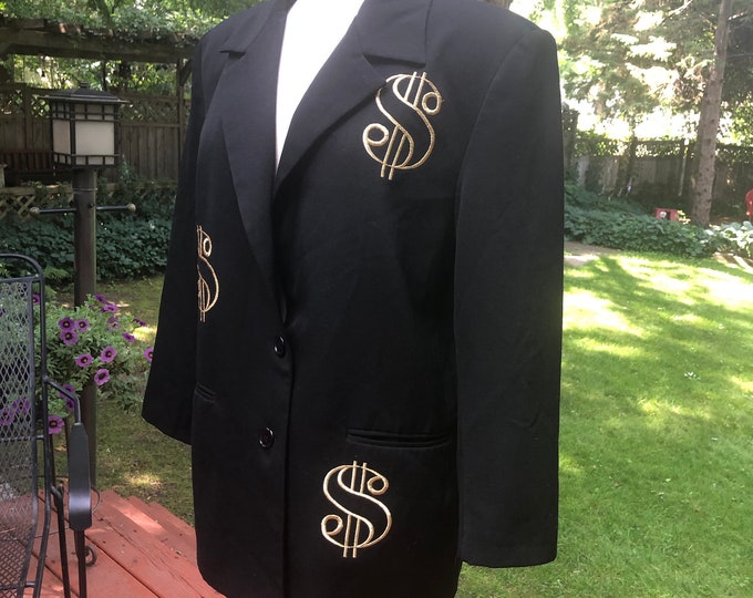 Vintage Money Sign Black Blazer Gold Stitched Dollar Signs Ellen Osman ...