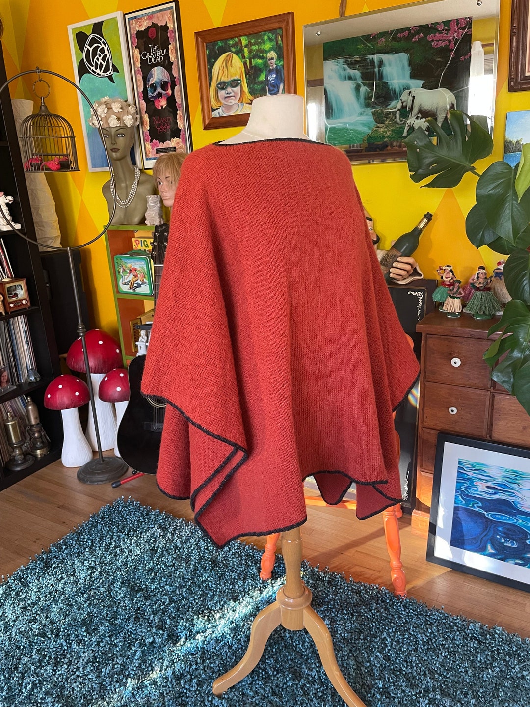 Large 100% Iceland Pure Wool Poncho Cape Vintage Rust Red Orange Wollie ...
