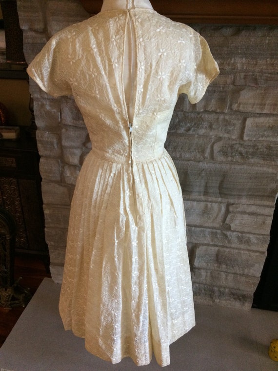 1960s Cream Full Skirted Dress Cream Tone on Tone Flo… - Gem