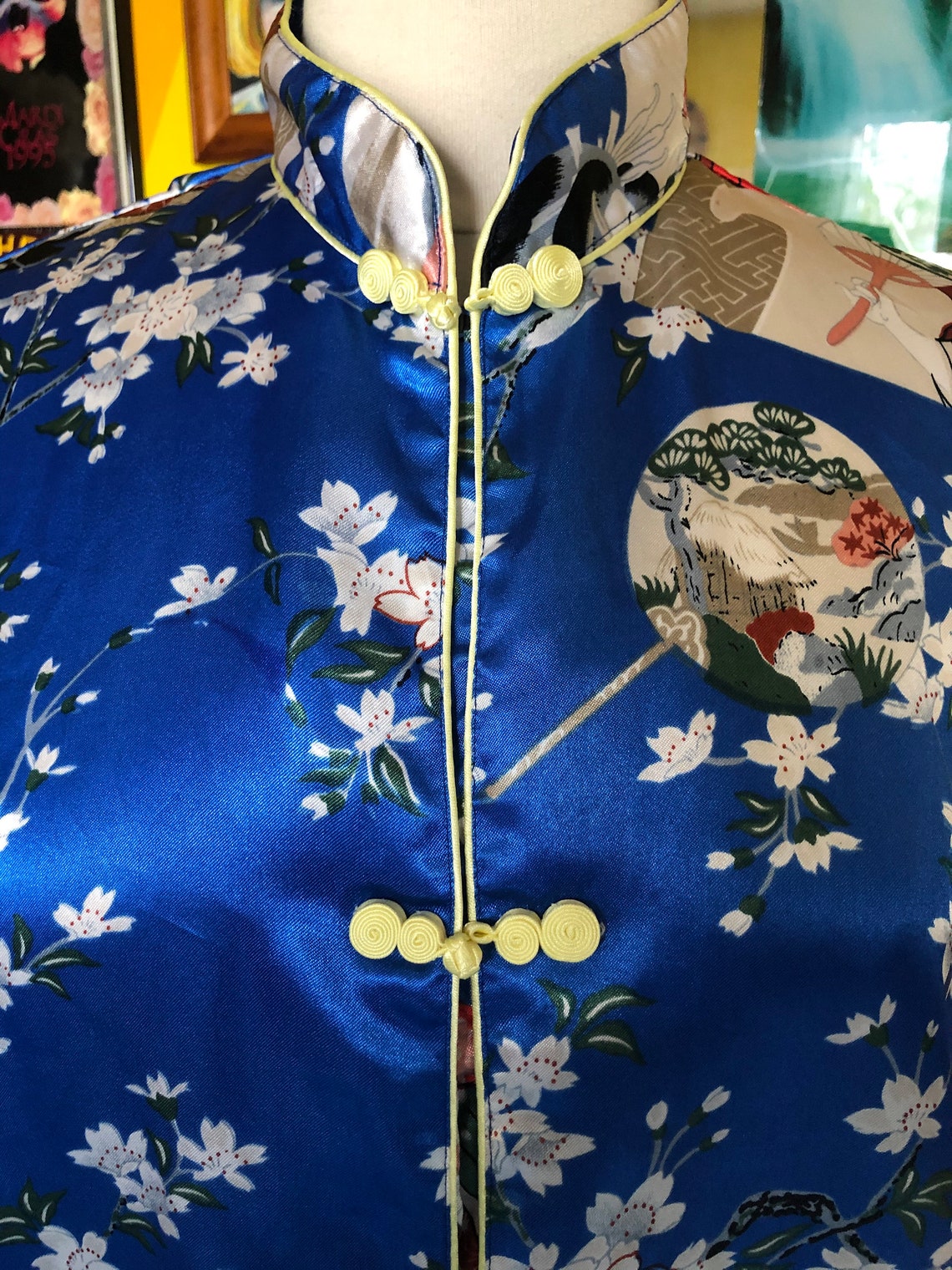 Japanese Geisha Blue Silk Shirt Cherry Blossom Design Asian | Etsy