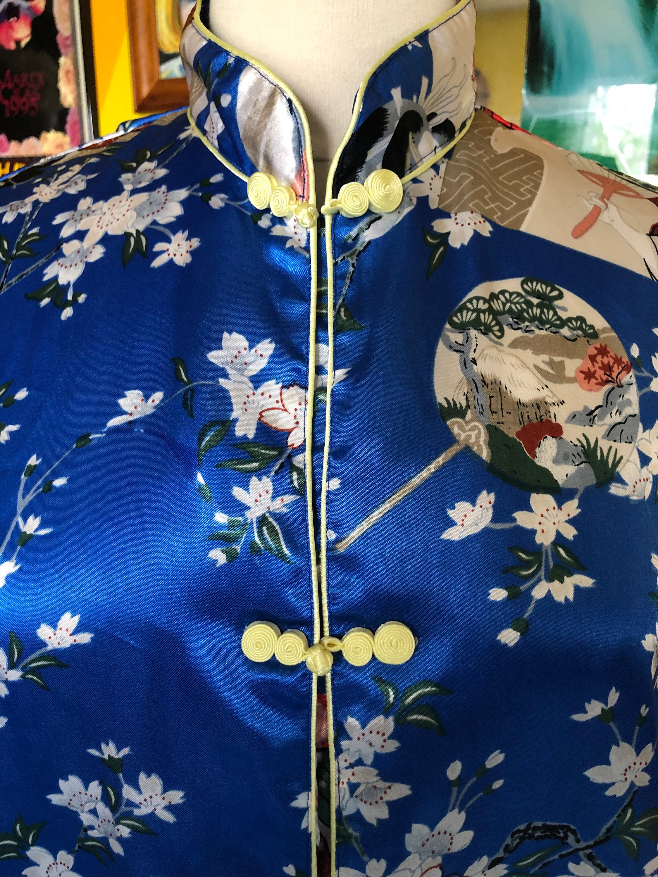 Japanese Geisha Blue Silk Shirt Cherry Blossom Design Asian Frog ...