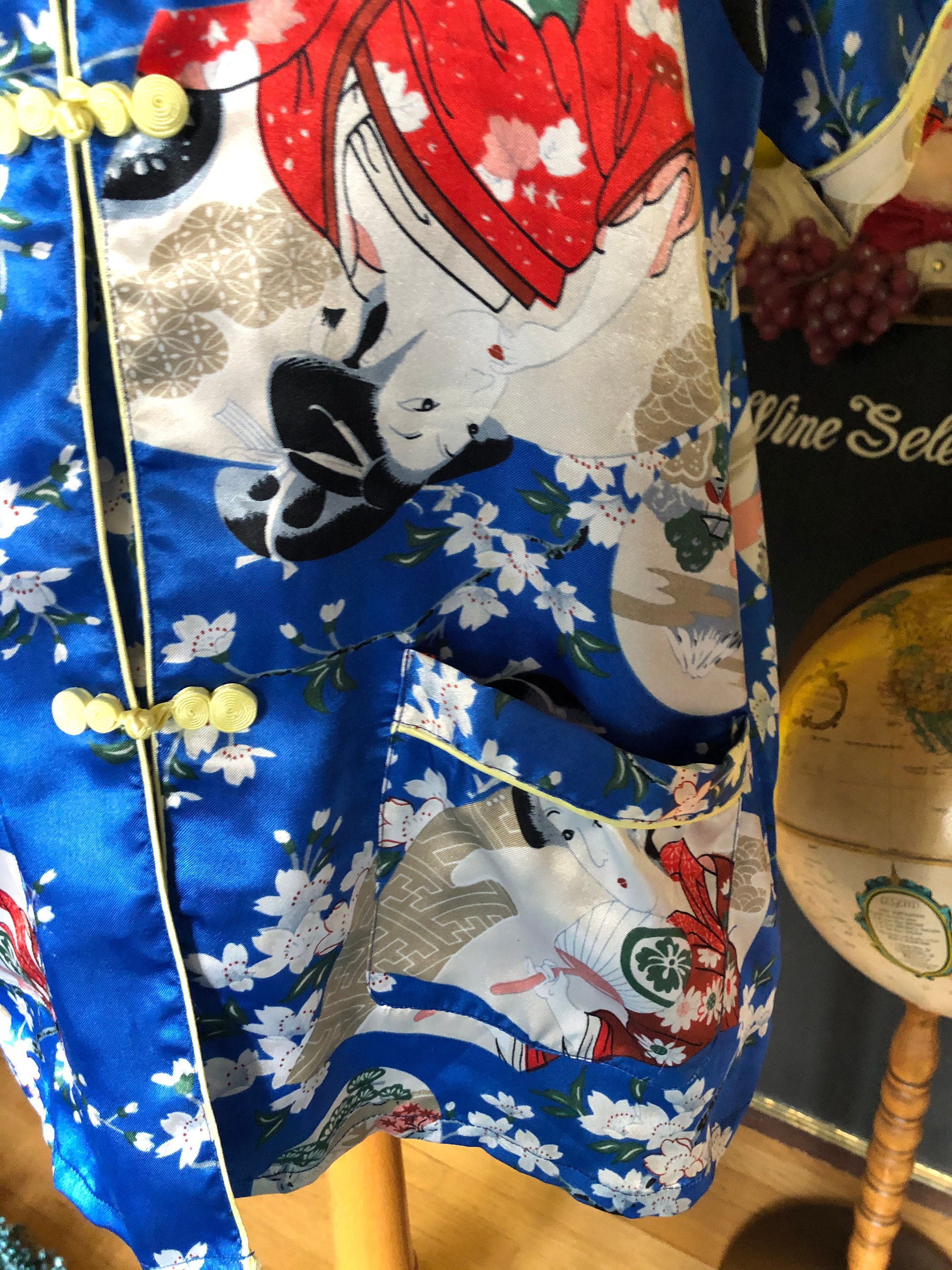 Japanese Geisha Blue Silk Shirt Cherry Blossom Design Asian Frog ...