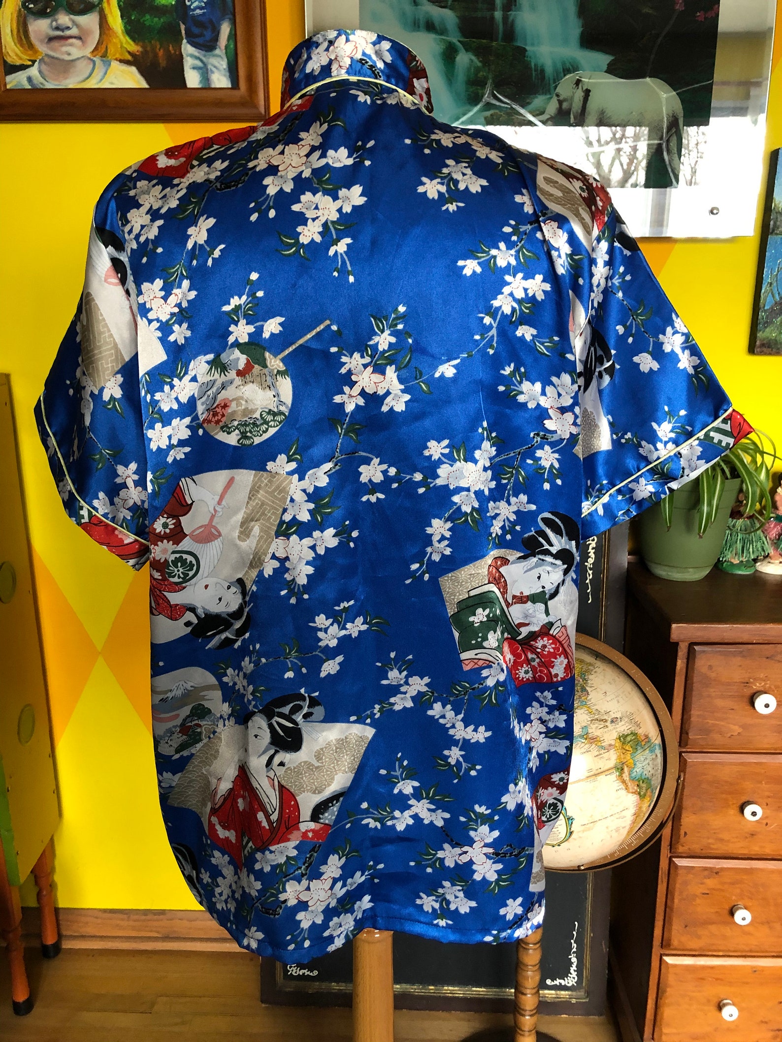 Japanese Geisha Blue Silk Shirt Cherry Blossom Design Asian | Etsy