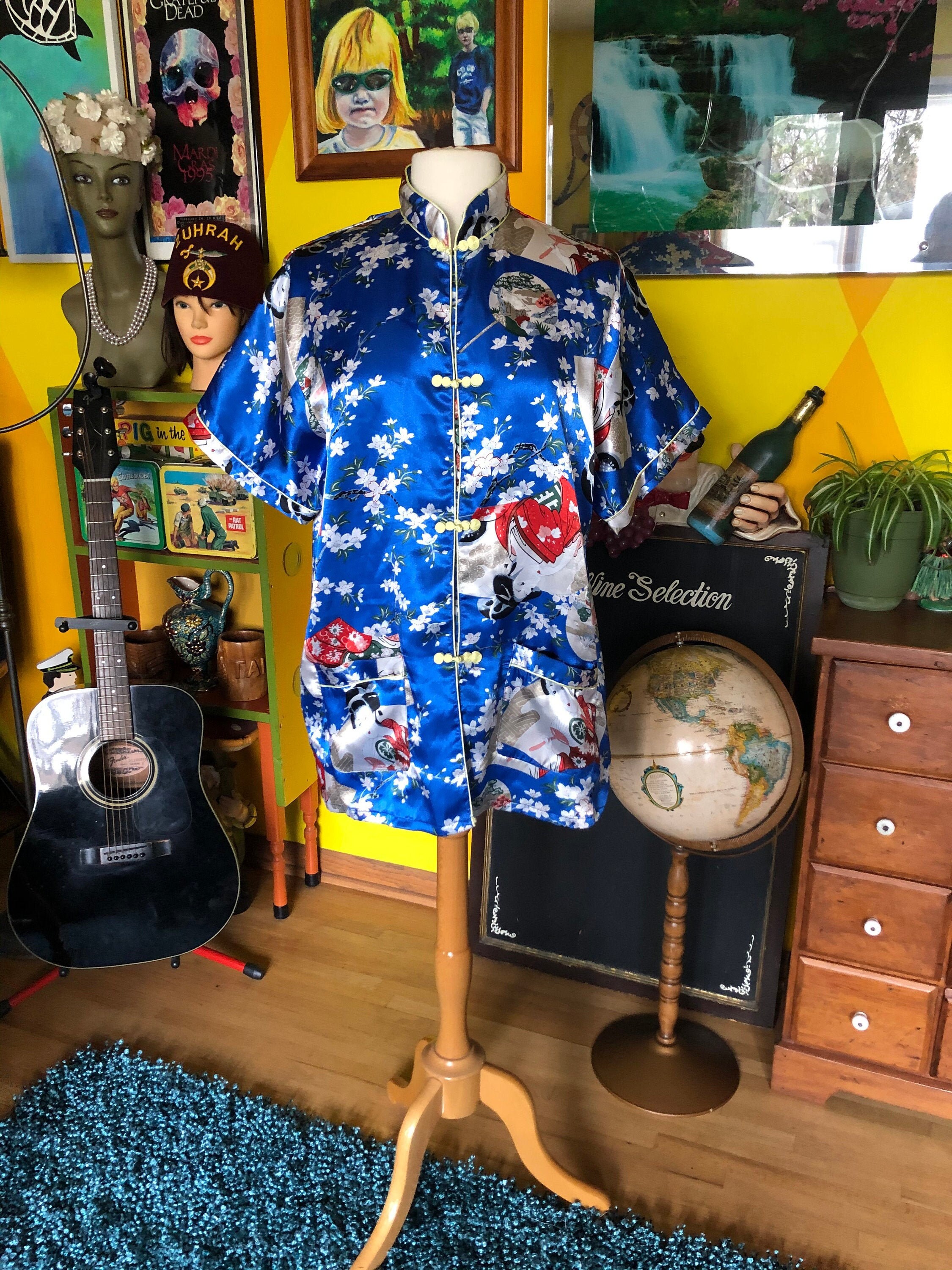 Japanese Geisha Blue Silk Shirt Cherry Blossom Design Asian Frog ...