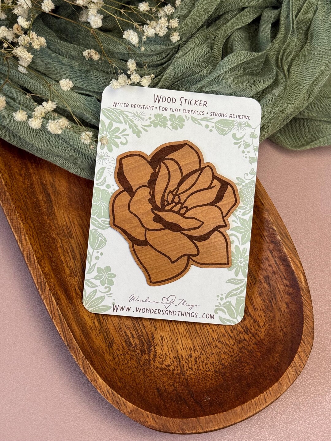 Gardenia Flower Wood Sticker| Water-resistant| Laptop, Phone ...