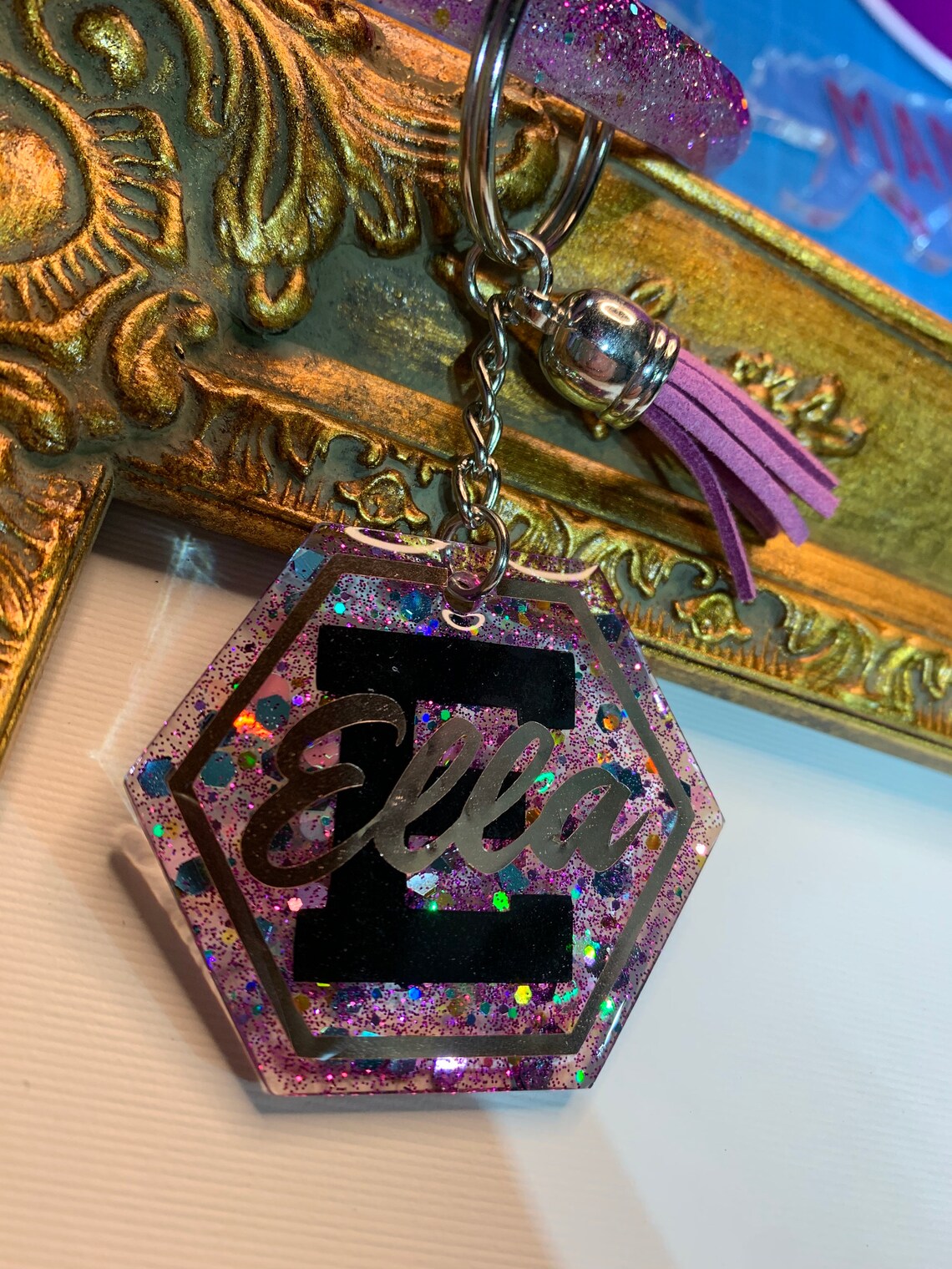 Foil Monogram keychain with Tassel Custom Acrylic Key chain | Etsy