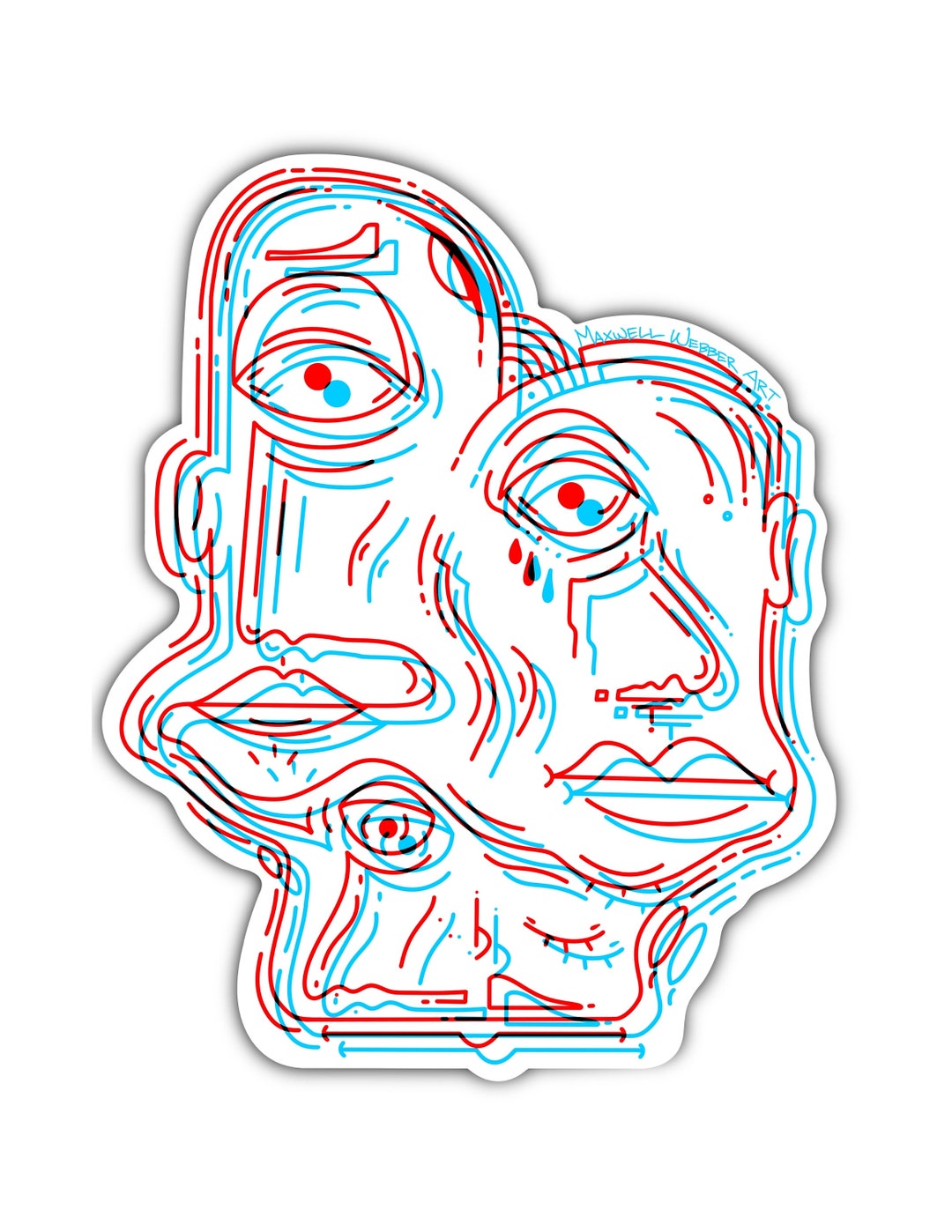 3D Red-blue Anaglyph Vinyl Sticker || Minimalist Line Art Sticker ...