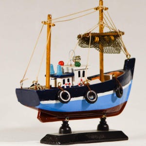 BLUE FISHING BOAT Model / Miniature Green Wooden Boat / Vintage Art ...