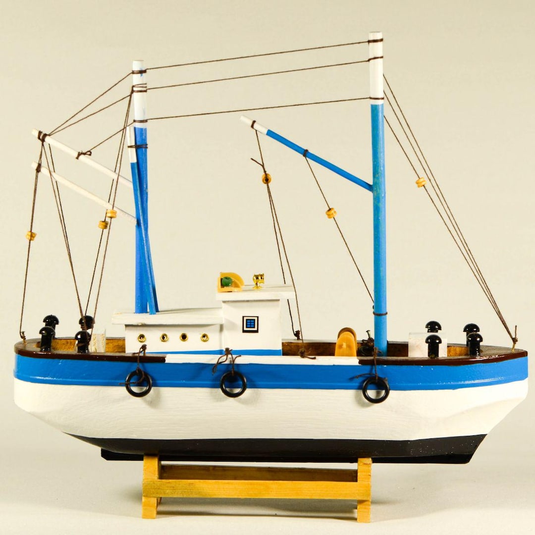 LIGHT BLUE BOAT Model / Wooden Miniature Fishing Boat / Vintage Art ...