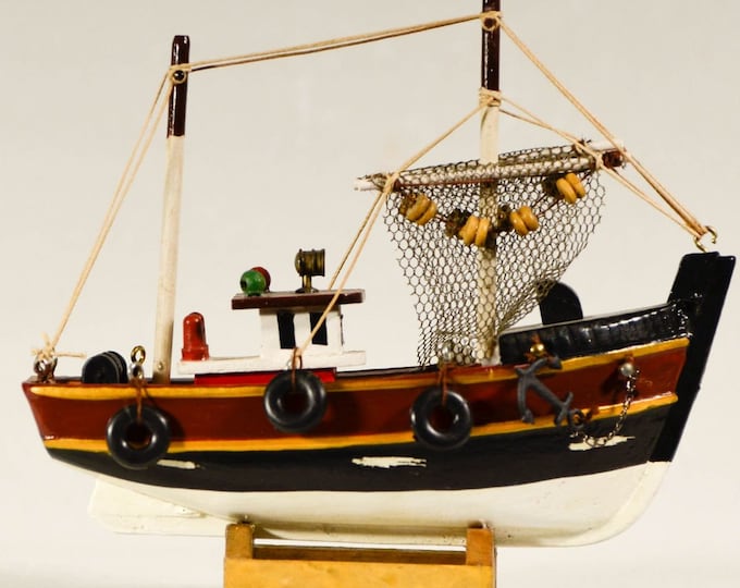 Wooden FISHING BOAT Model Trawler Ship 6 Long Fully Assembled Blue Hull ...