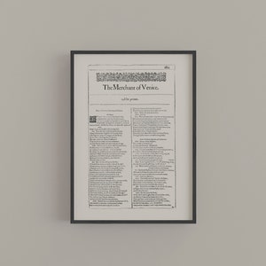 The Merchant of Venice Poster, William Shakespeare First Folio Print ...