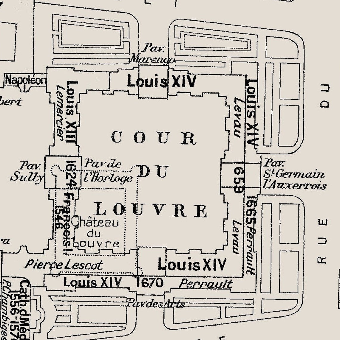 Historical Plan of the Louvre Paris Art Print, Architectural Drawing ...