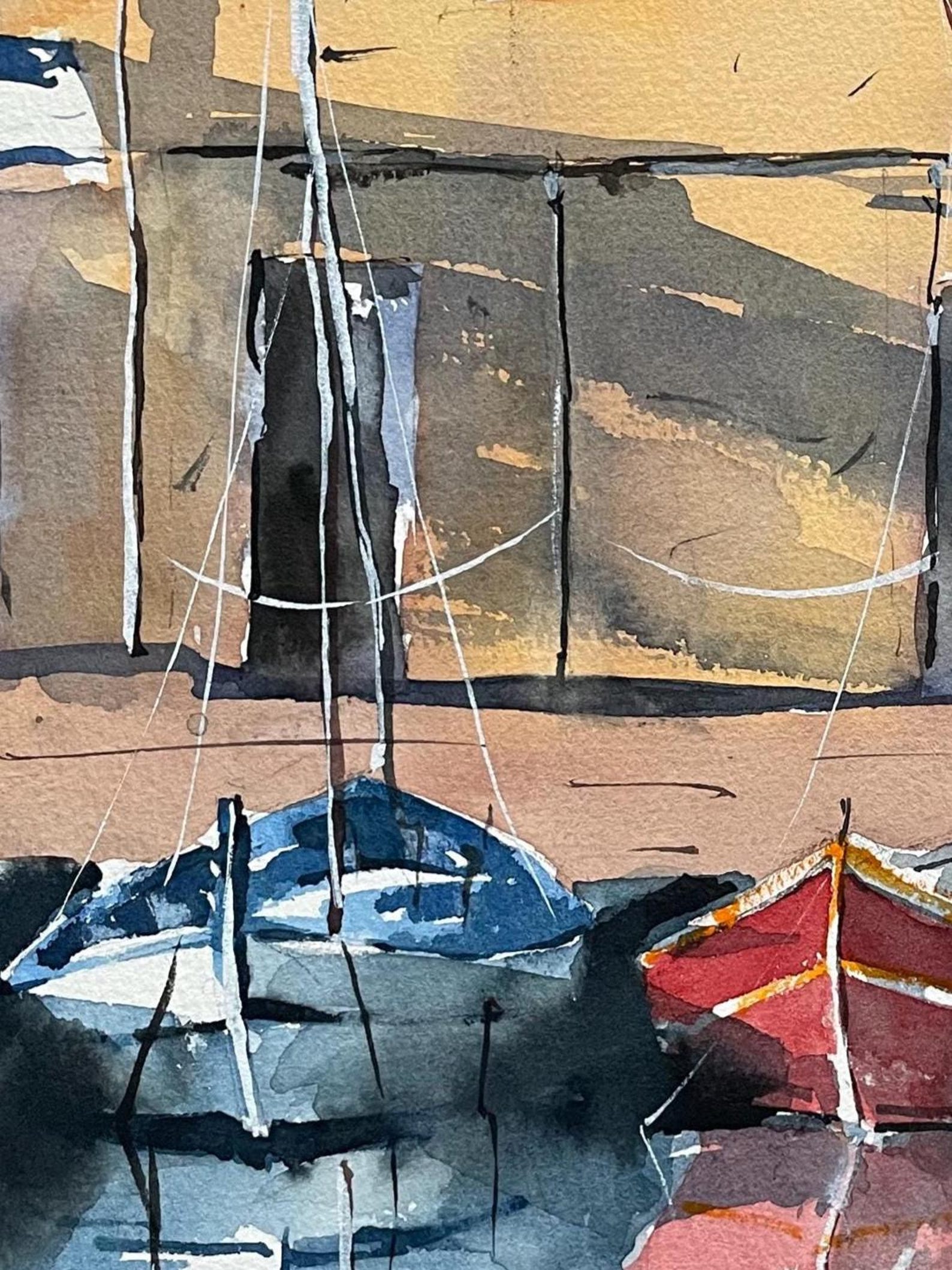 Boats Scene in Front of Houses in France. Small Original Watercolour ...