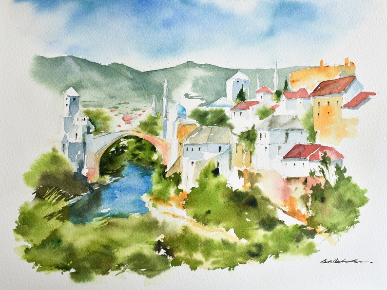 Mostar Bridge Watercolor Painting, Bosnia Landscape Art - Etsy