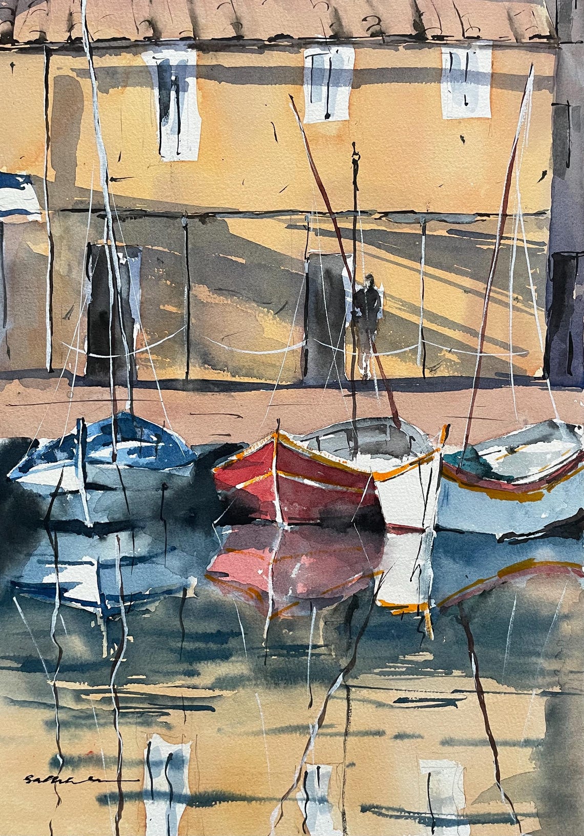 Boats Scene in Front of Houses in France. Small Original Watercolour ...