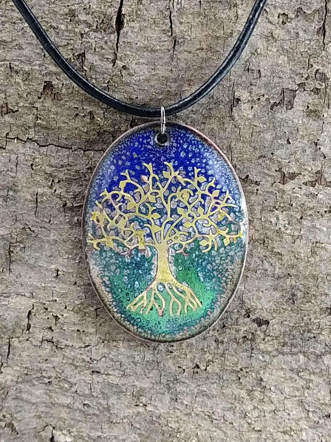 Large Tree of Life, Oval Vitreous Enamel, Kiln Fired Pendant, Brass on ...