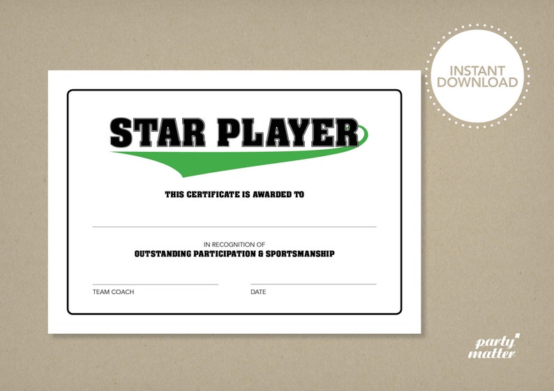 Sport Party Star Player Participation Sports Certificate/award - Etsy