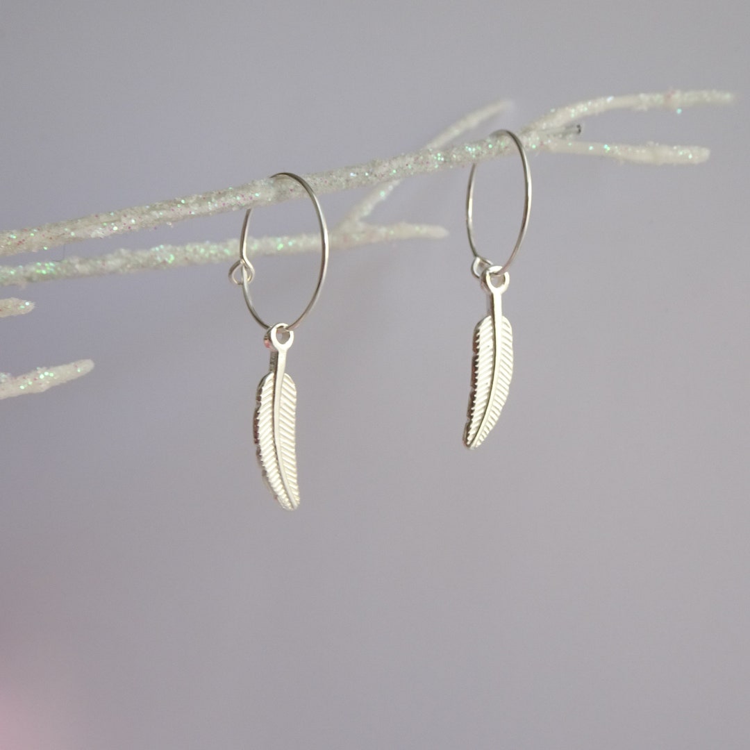 Hoop Earrings With Feathers. Sterling Silver Hoops. - Etsy