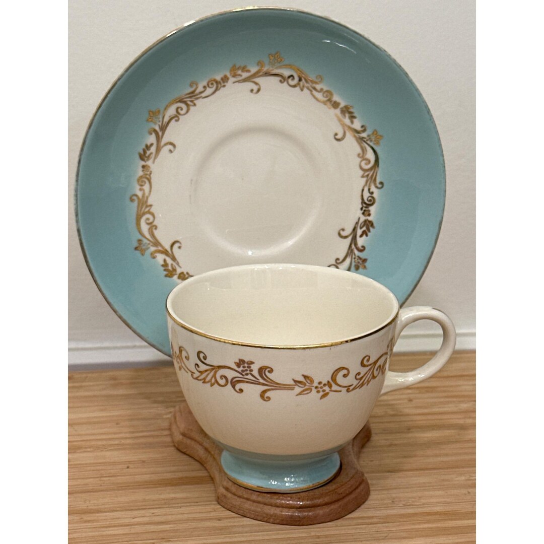 Lifetime China Gold Crown, Aqua and Gold Tea Cup and Saucer Mid Century ...
