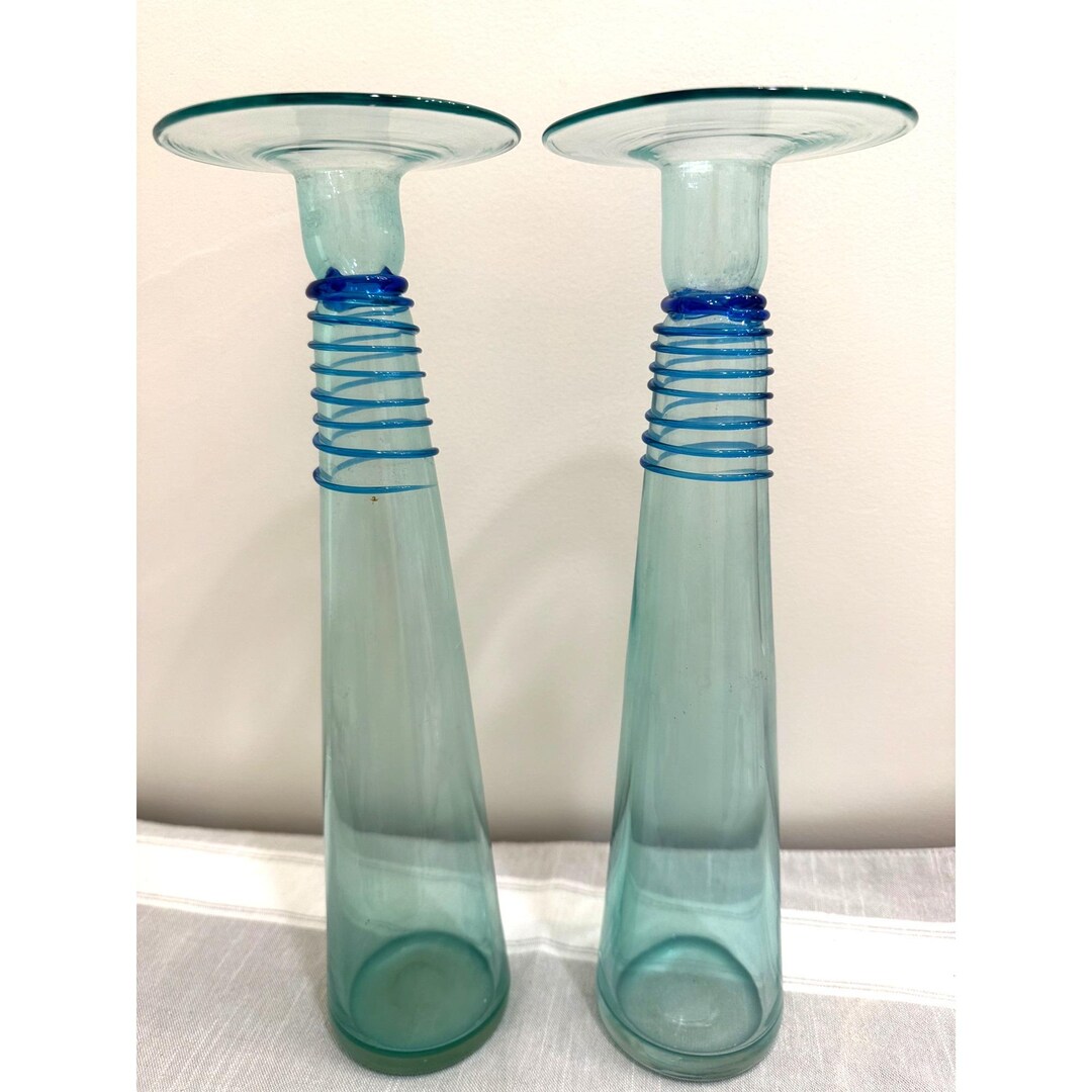 Blenko Blue Threaded Swirl Glass Candlestick Vase Set - Hand Blown 13 ...