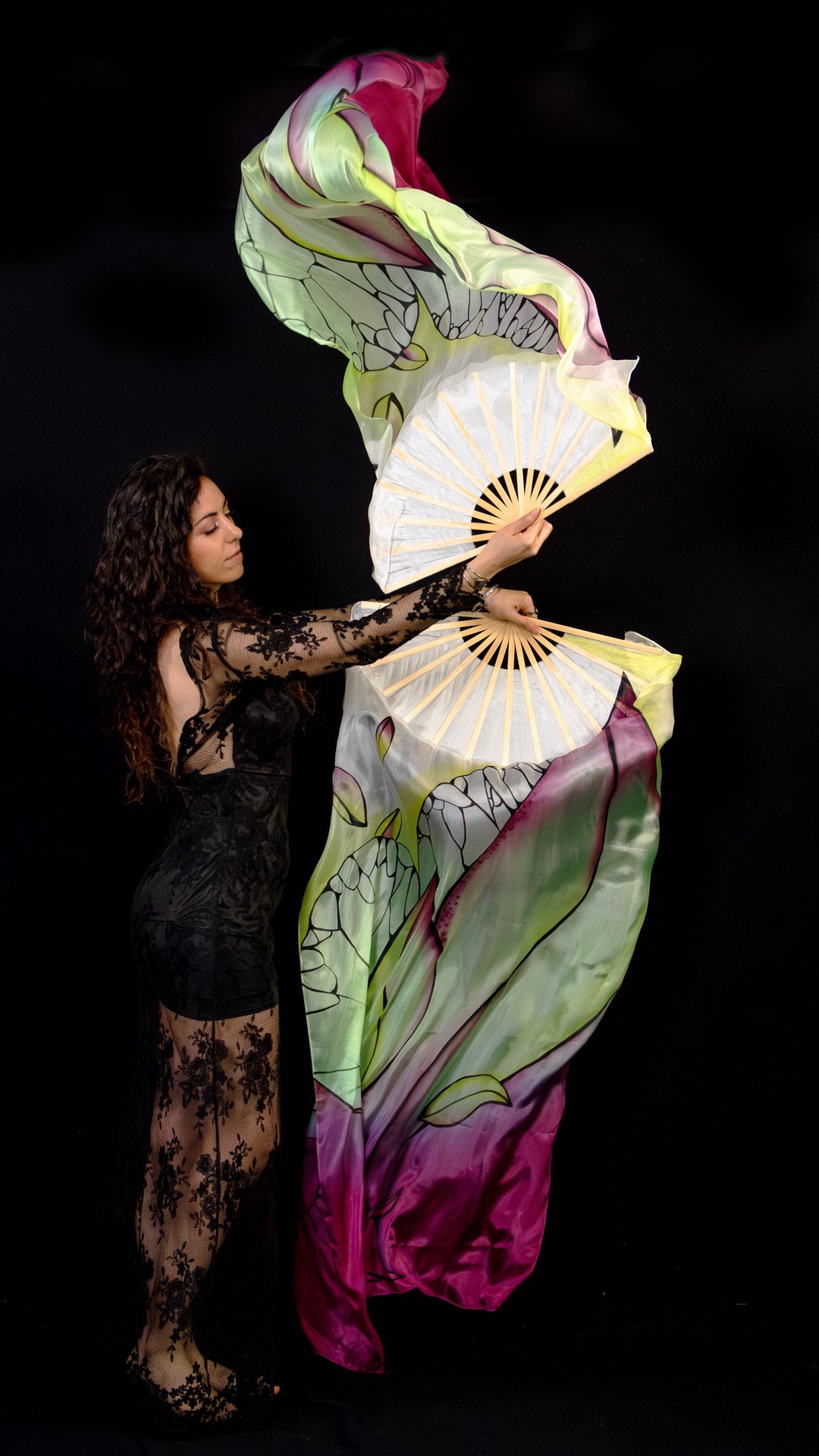 Fans 150 Cm Fans Veils With Light Green and Red Wine Color Bellydance ...