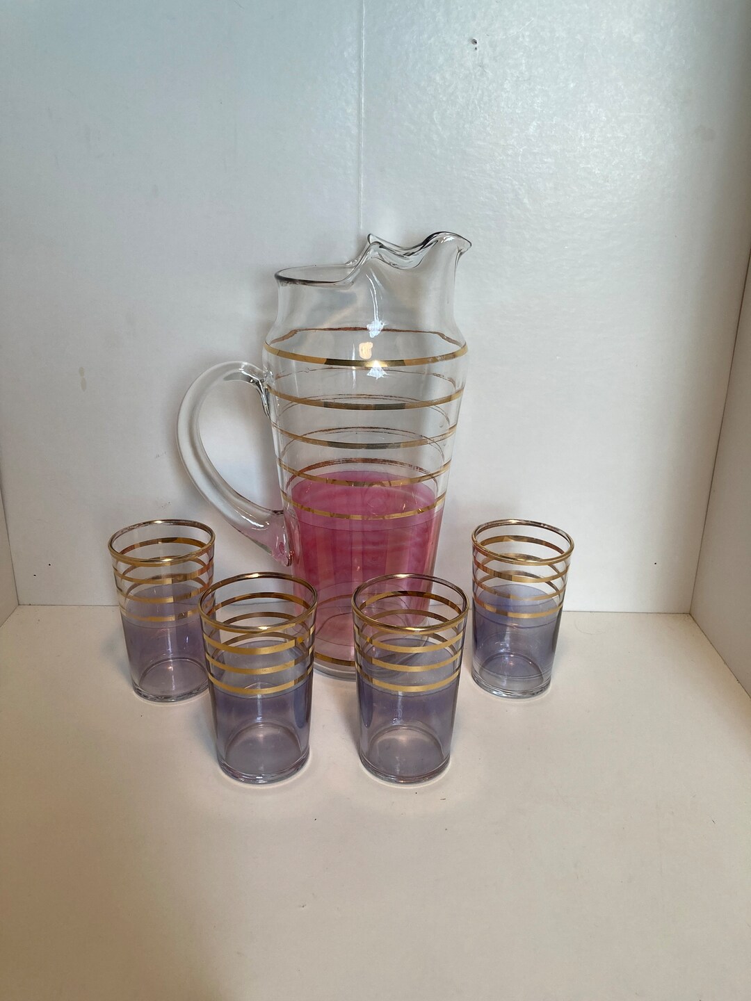 MCM Glass Pitcher With Ice Lip and 4 Matching Juice Glasses [beesme] - Etsy