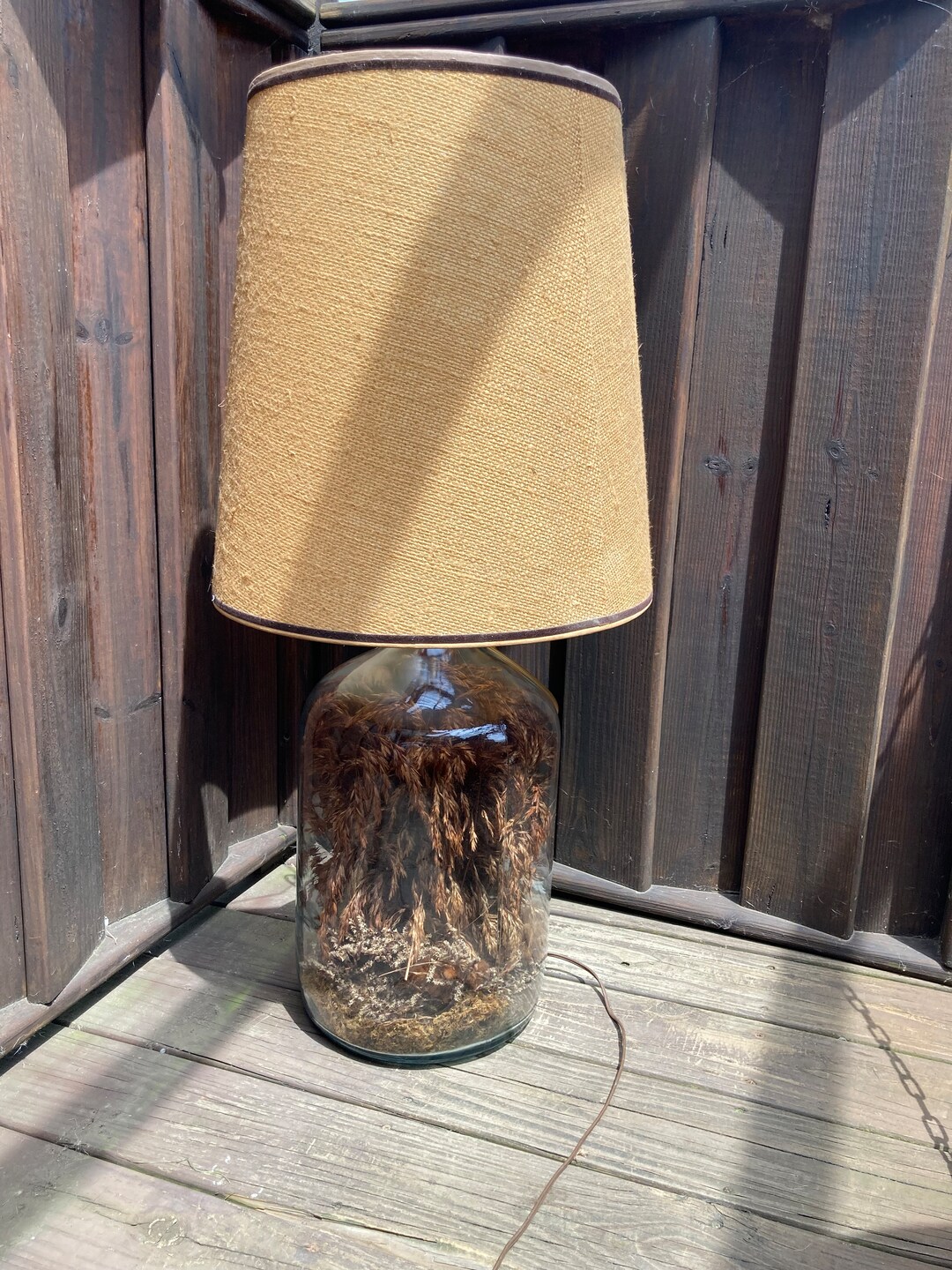Vintage Carboy Glass Terrarium Lamp – Boho Woven Shade, Straw Flower ...