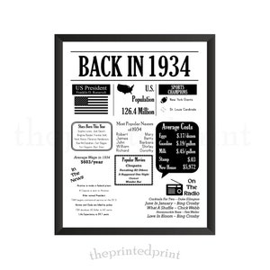 Back in 1934, Year Born Poster Printable, 1934 Trivia, DIY Printing ...