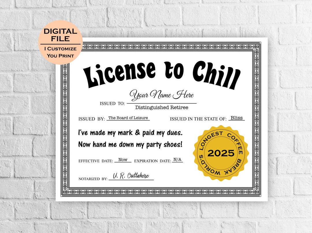 License to Chill | Printable Retirement Gift | Personalized Retirement ...