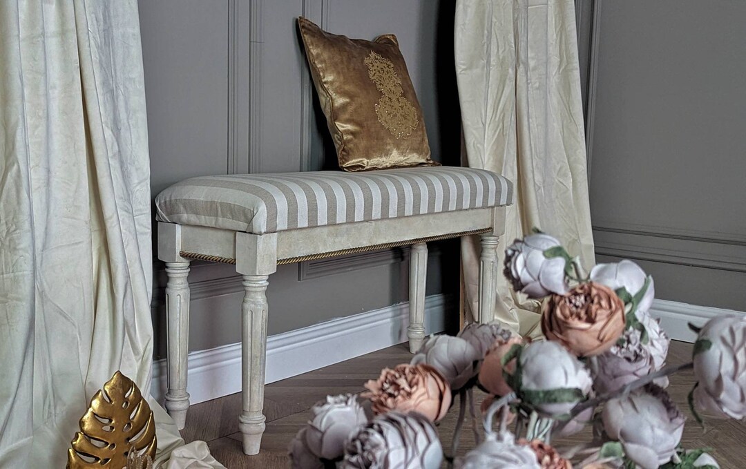 French Style Bench White Distress Finish, White Wooden Console, Carved ...