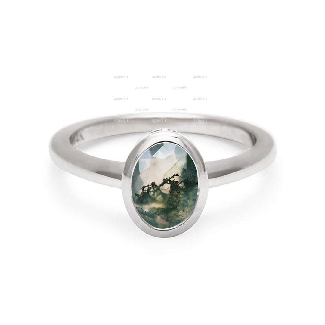 18k White Gold Moss Agate Ring, Bezel Set Oval Cut Moss Agate Ring ...